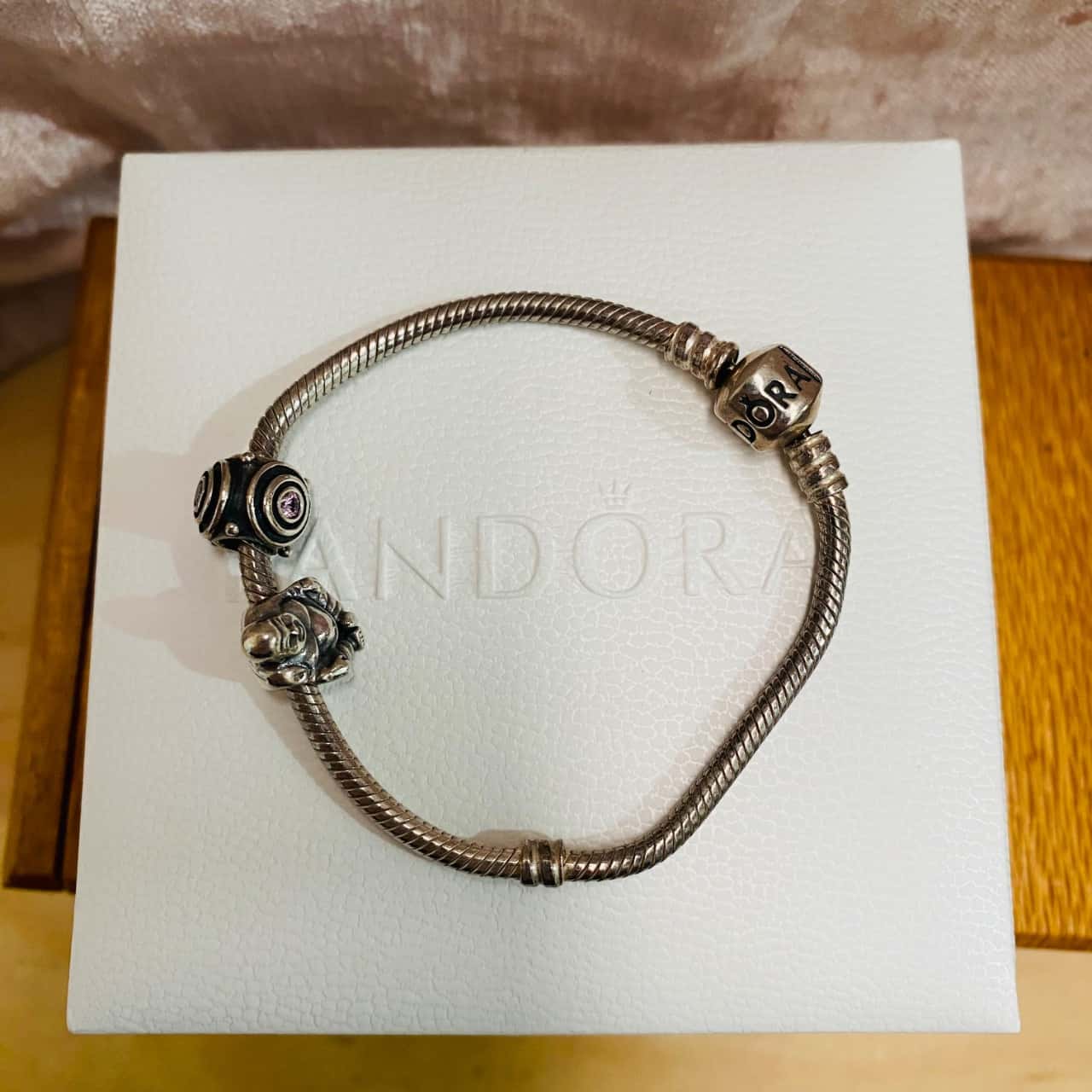 PANDORA Silver Snake Chain Bracelet With Buddha Charm & Pink Concentric ...