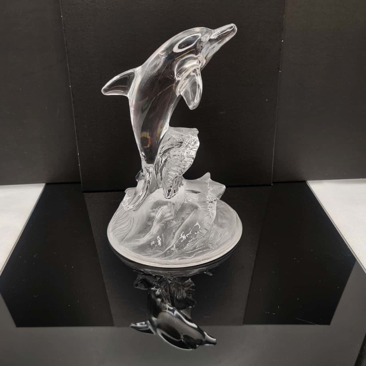 Crystal Clear Glass Dolphin Figurine On Frosted Ocean Wave Base