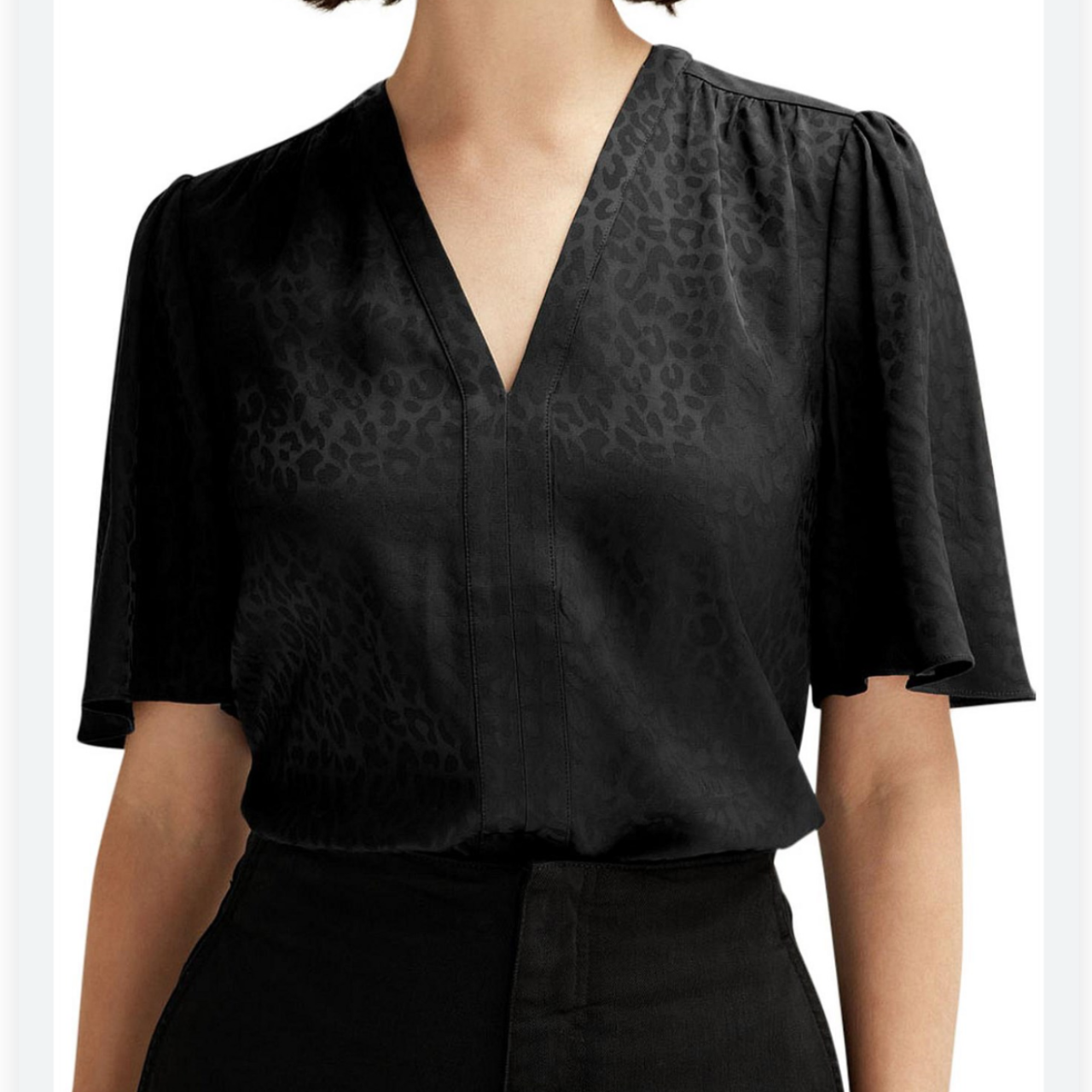 Trenery Womens Size XL Leopard Jacquard V-Neck Blouse Black NEW with Tags