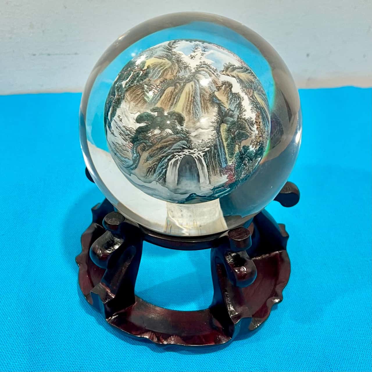 Chinese Reverse Hand Painted Sphere Glass Ball on Wooded Stand (s)