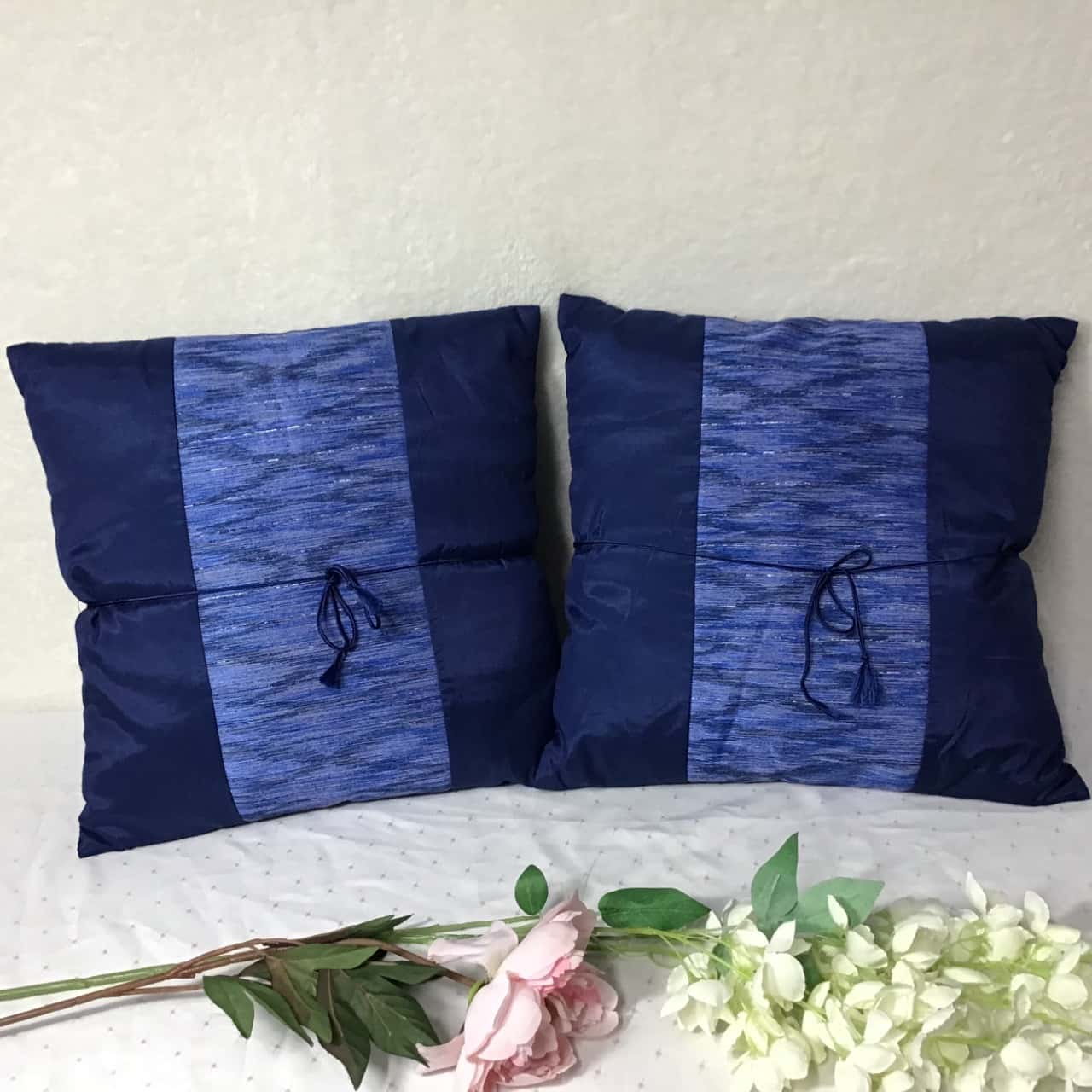 Navy Blue / Textured Pattern Square Cushions (x 2)