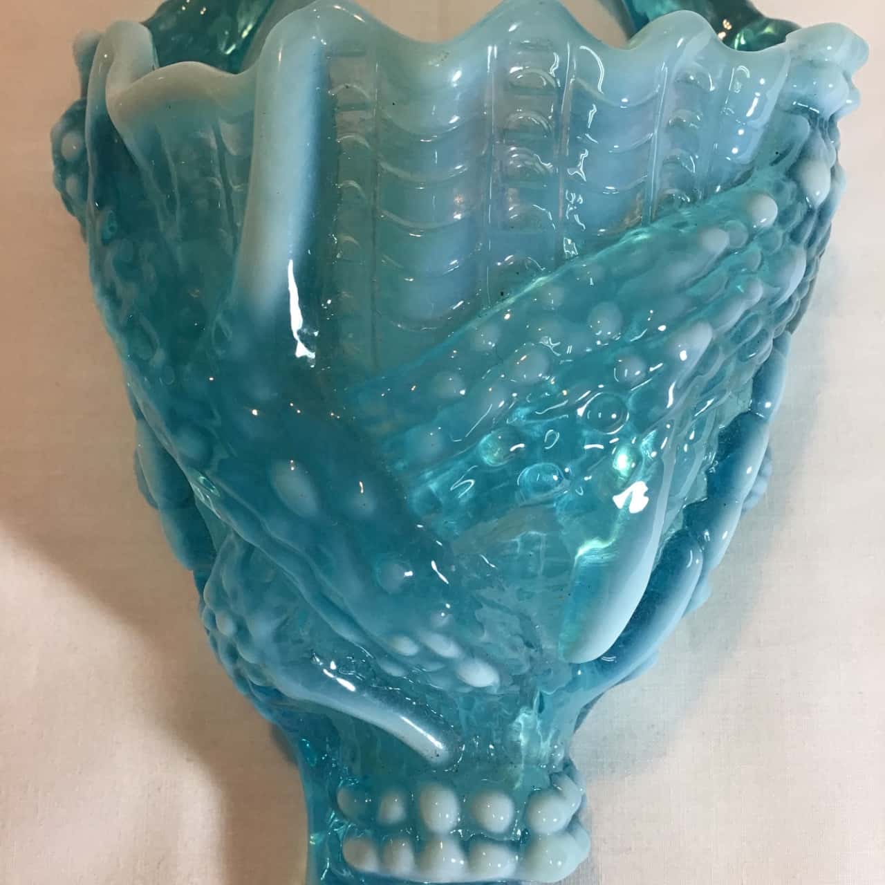 Victorian Blue Pearline Glass Driftwood & Shell Wall Vase