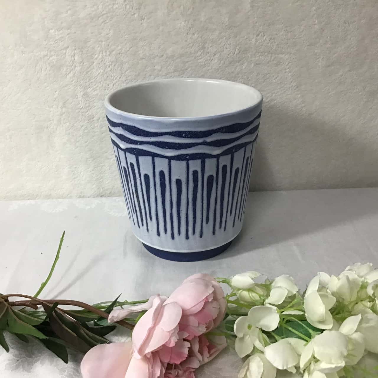 Blue / White Striped Pattern Glazed Ceramic Pot
