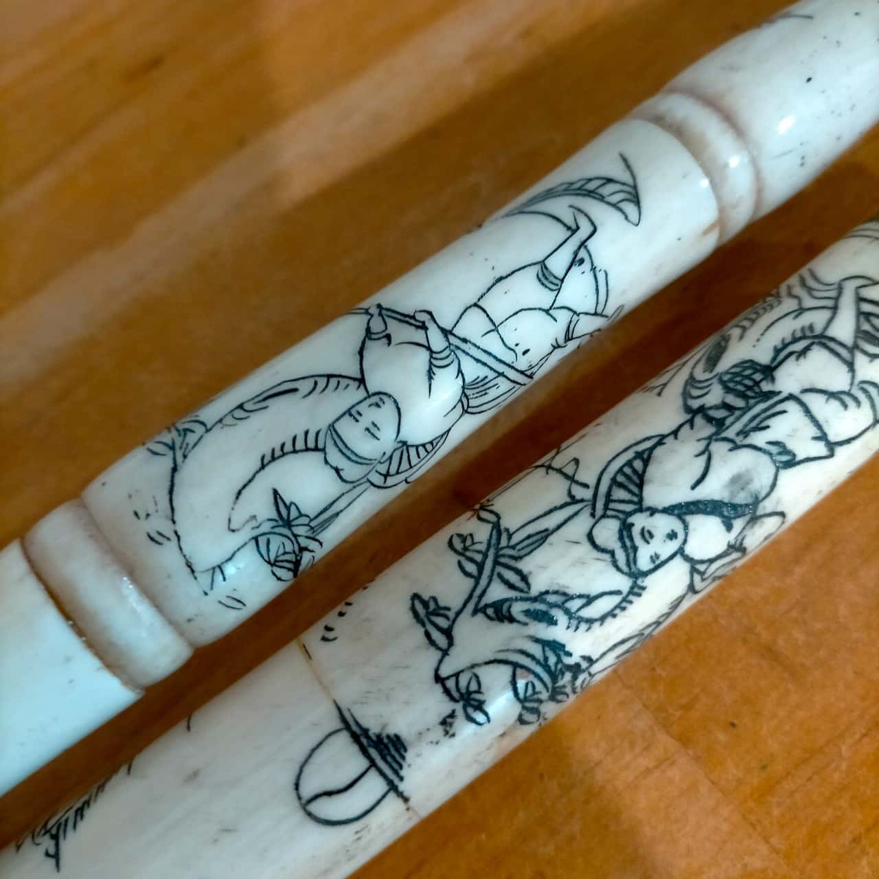 Vintage Etched Asian Bone & Wood Walk Cane / Decorative Cane(s)