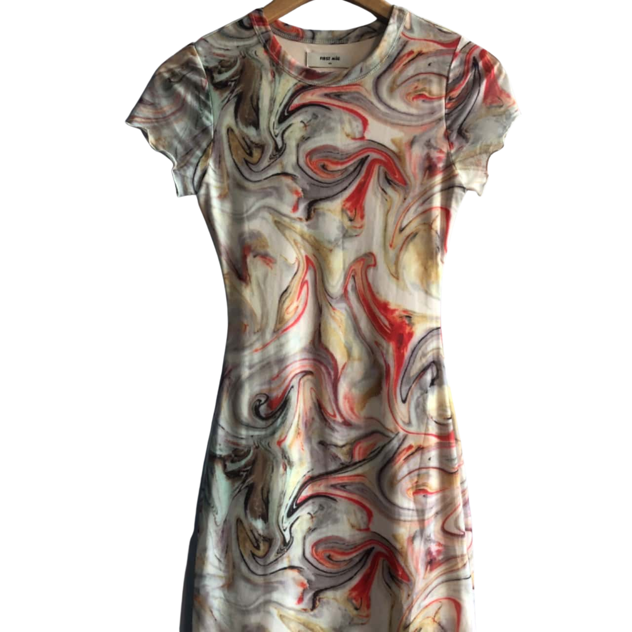 First Mse Size XS mesh mini dress white with coloured swirl pattern(s)