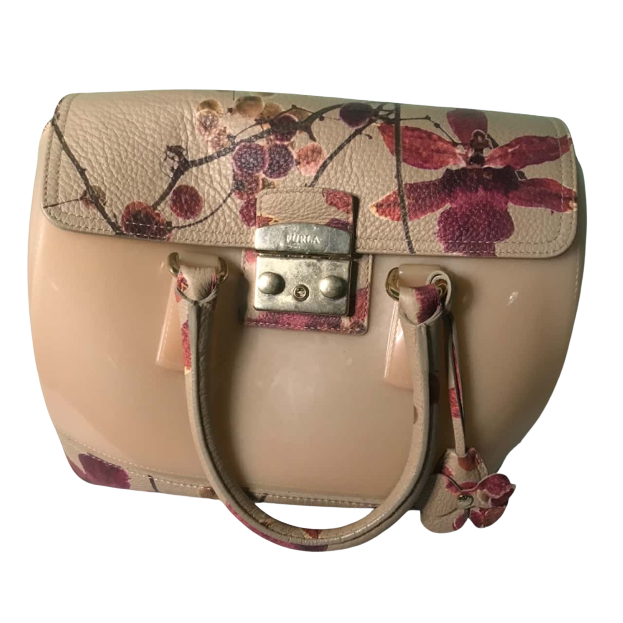 Furla Womens Rubber Handbag Beige with Floral Handle and Base Made in ...