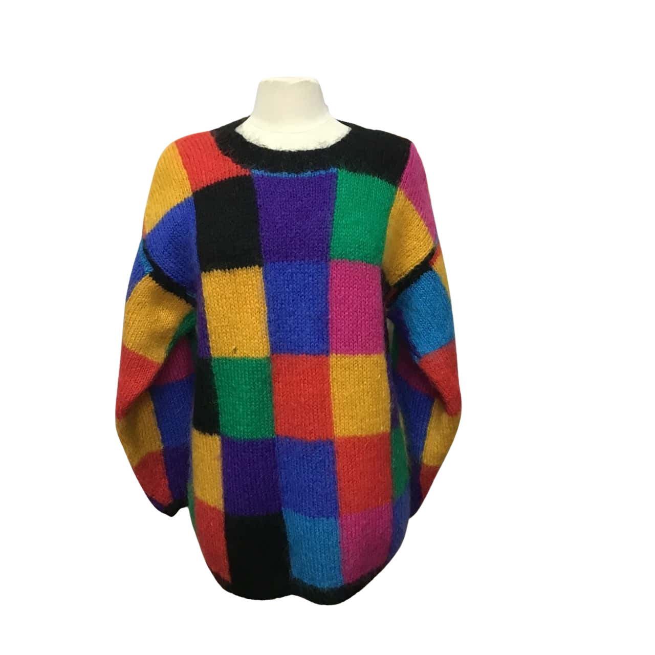 Unisex Mohair Crew Neck Checkered Jumper Checked Size L(s)