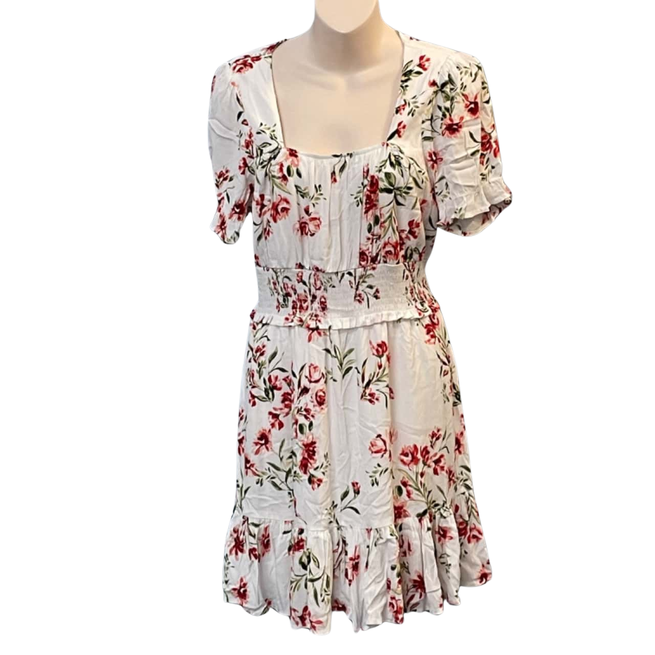 Dotti Womens Size 14 Floral/Midi/Short Sleeve Dress Floral/Red/White