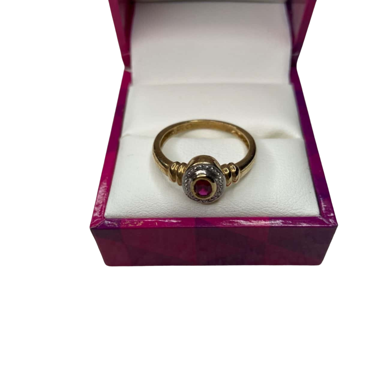 375 Womens Round Diamond Ring Gold w/ Ruby Coloured Gem(s)