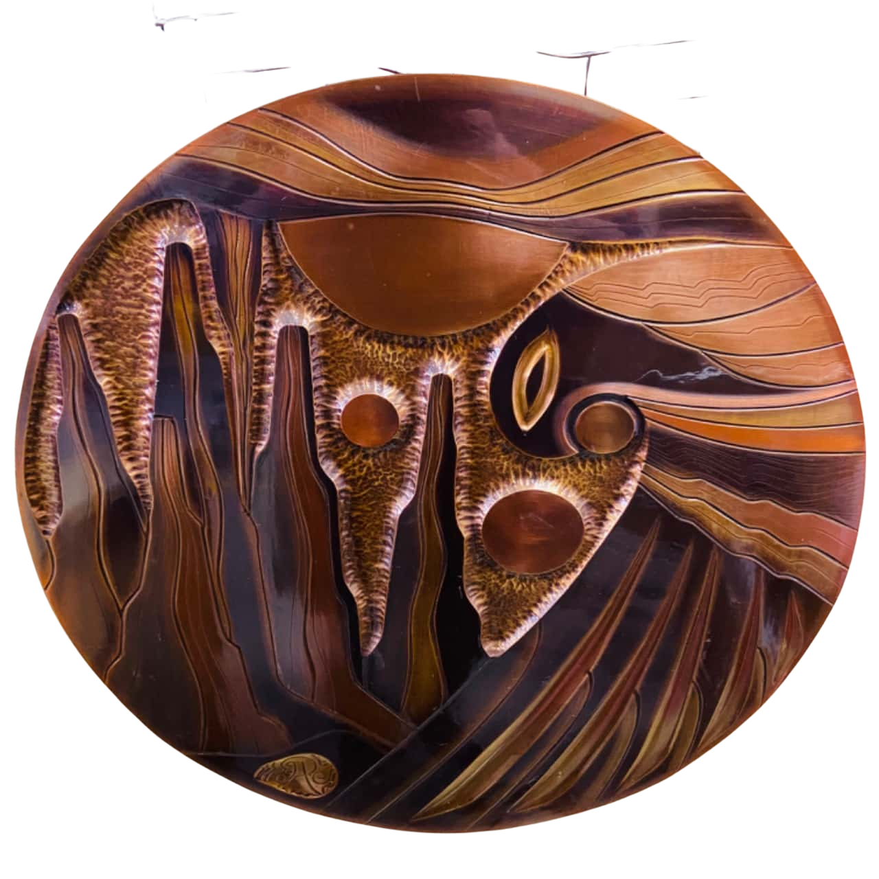 Signed Mesa Hopi Copper Wall Art - Rock Forms, Hawk and Sun. C.a Arizona