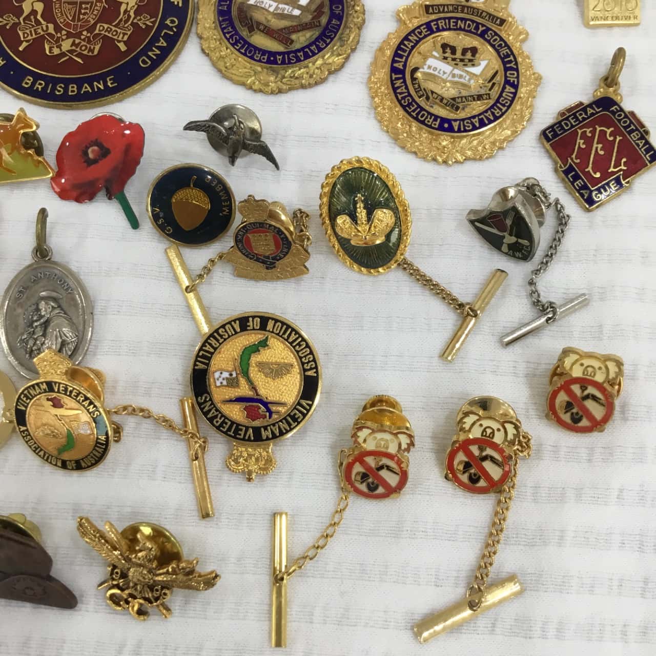 Vintage 50 Assorted Pins Tie Pins Pendants Badges Medals in wooden box(s)
