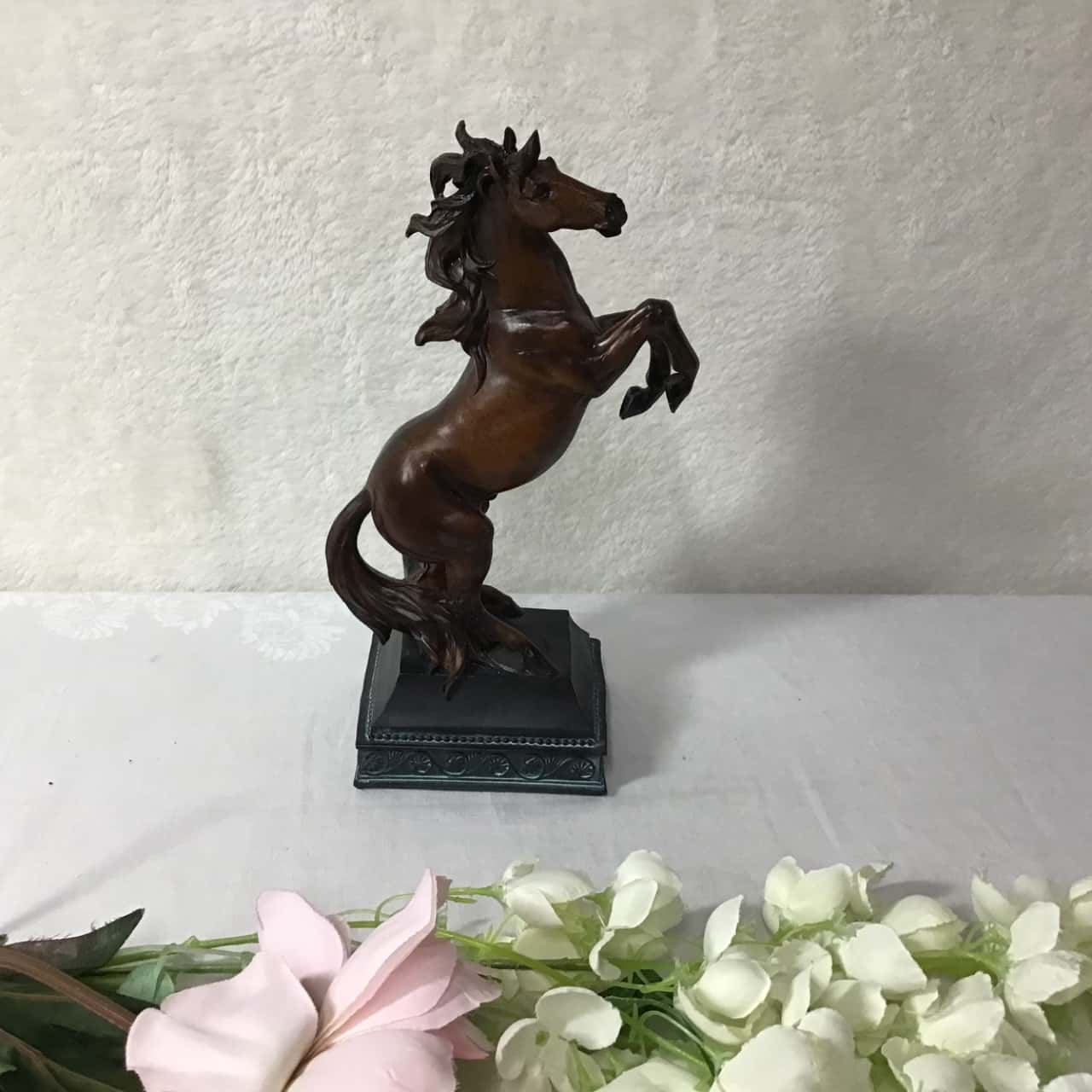 Brown Rearing Horse Statue on Pattern Black Stand(s)