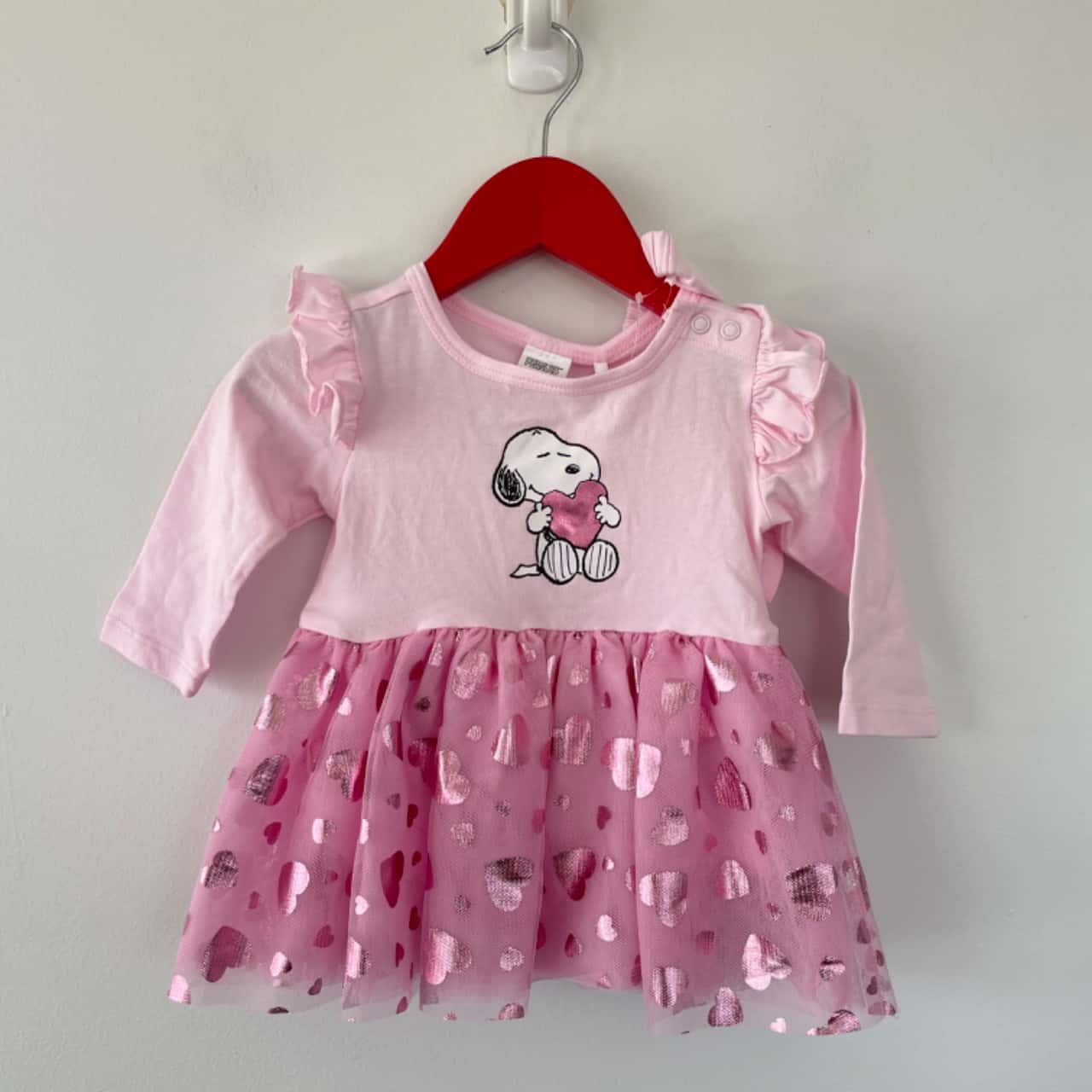 Peanuts Kids Pink Snoopy Heart Pattern Onesie Dress And Hairband Size 00