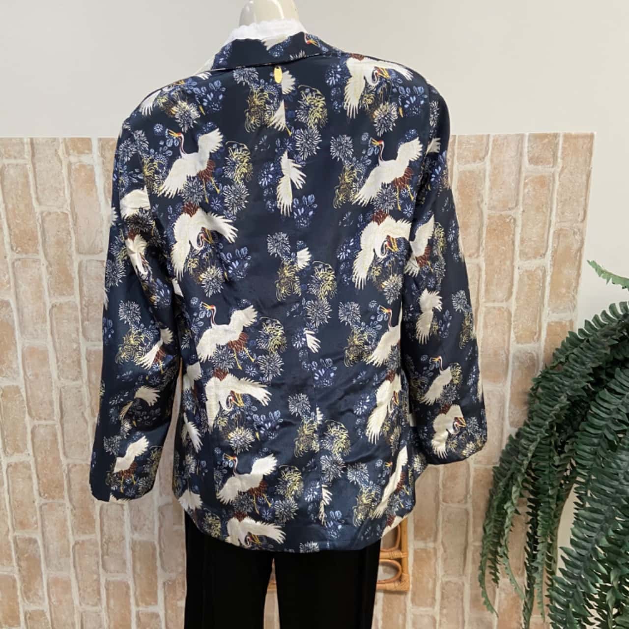 Ruby Yaya Japanese Bird Print Blazer Size XL Navy Blue