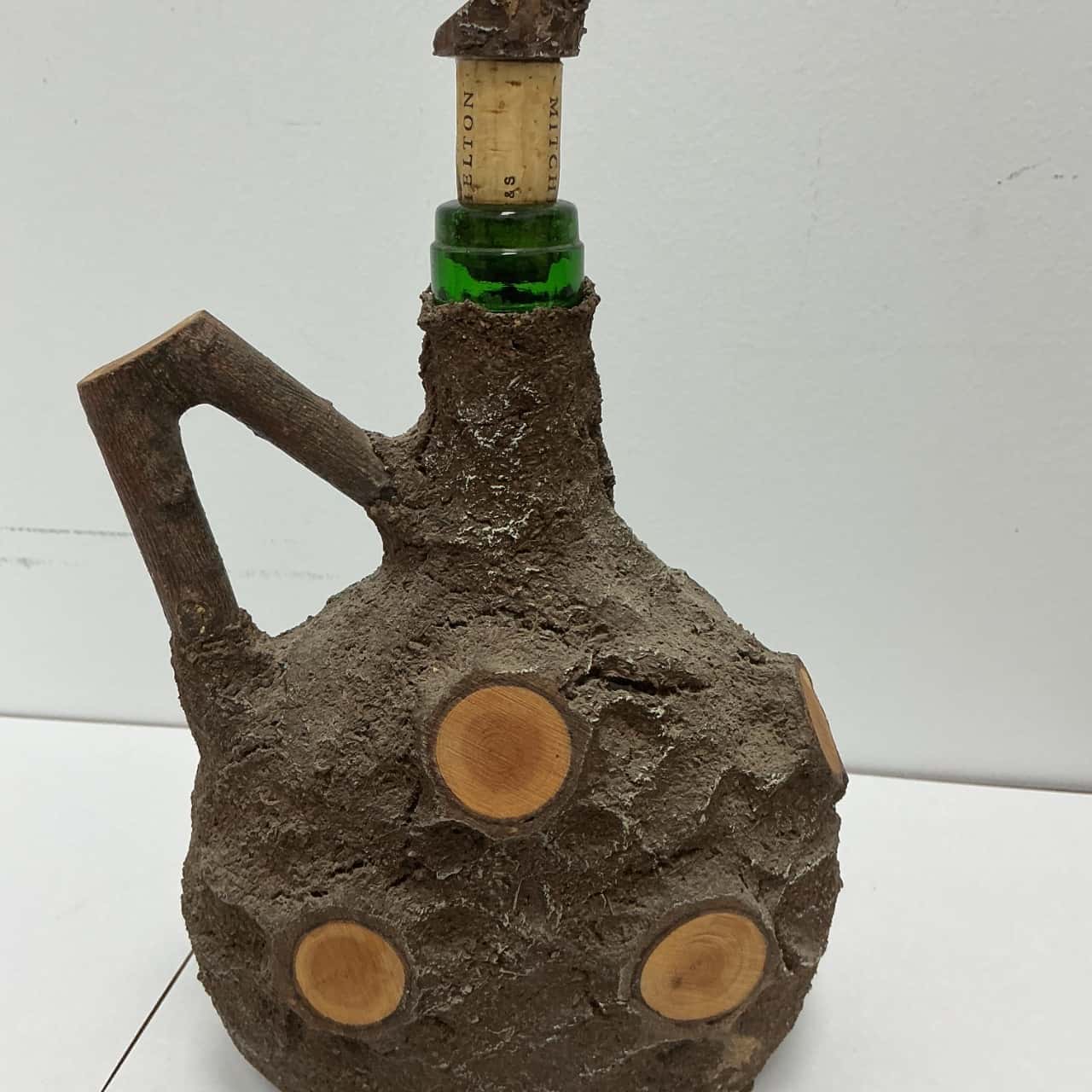 Vintage Austrian Bark Wood Carved Decanter Bottle