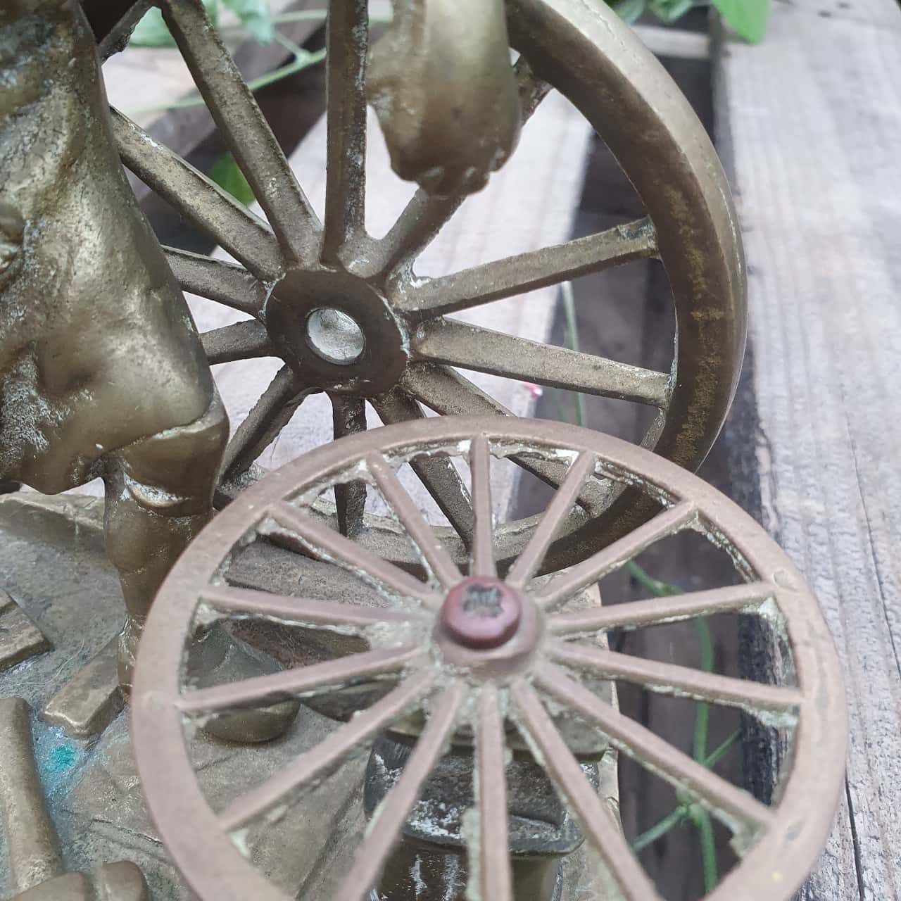 Vintage Solid Brass Blacksmith British Statue, Wheelwright Wagon Wheel(s)
