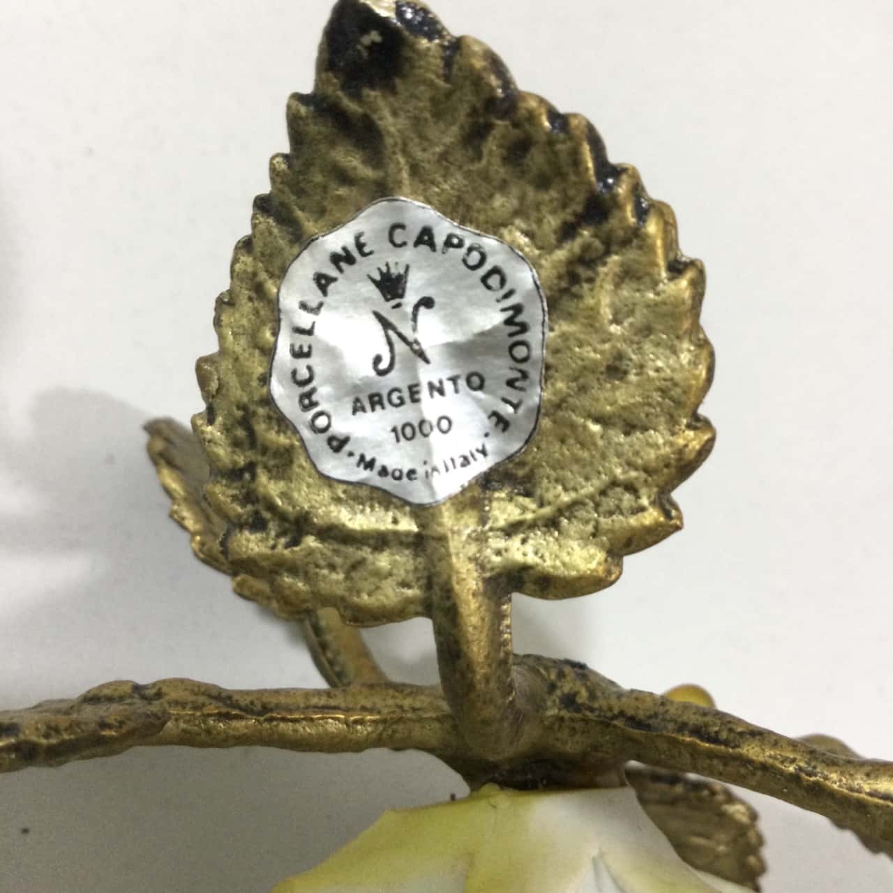 Vintage Capodimonte Porcelain Rose & Brass Leaves, ARG. 1000(s)