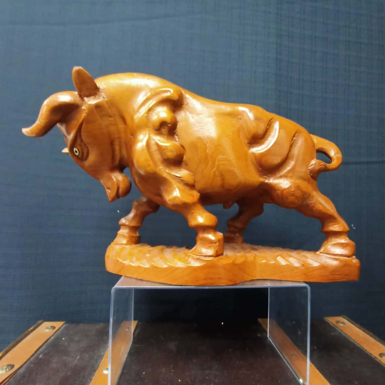 Vintage Mid century hand carved wooden Bull statue