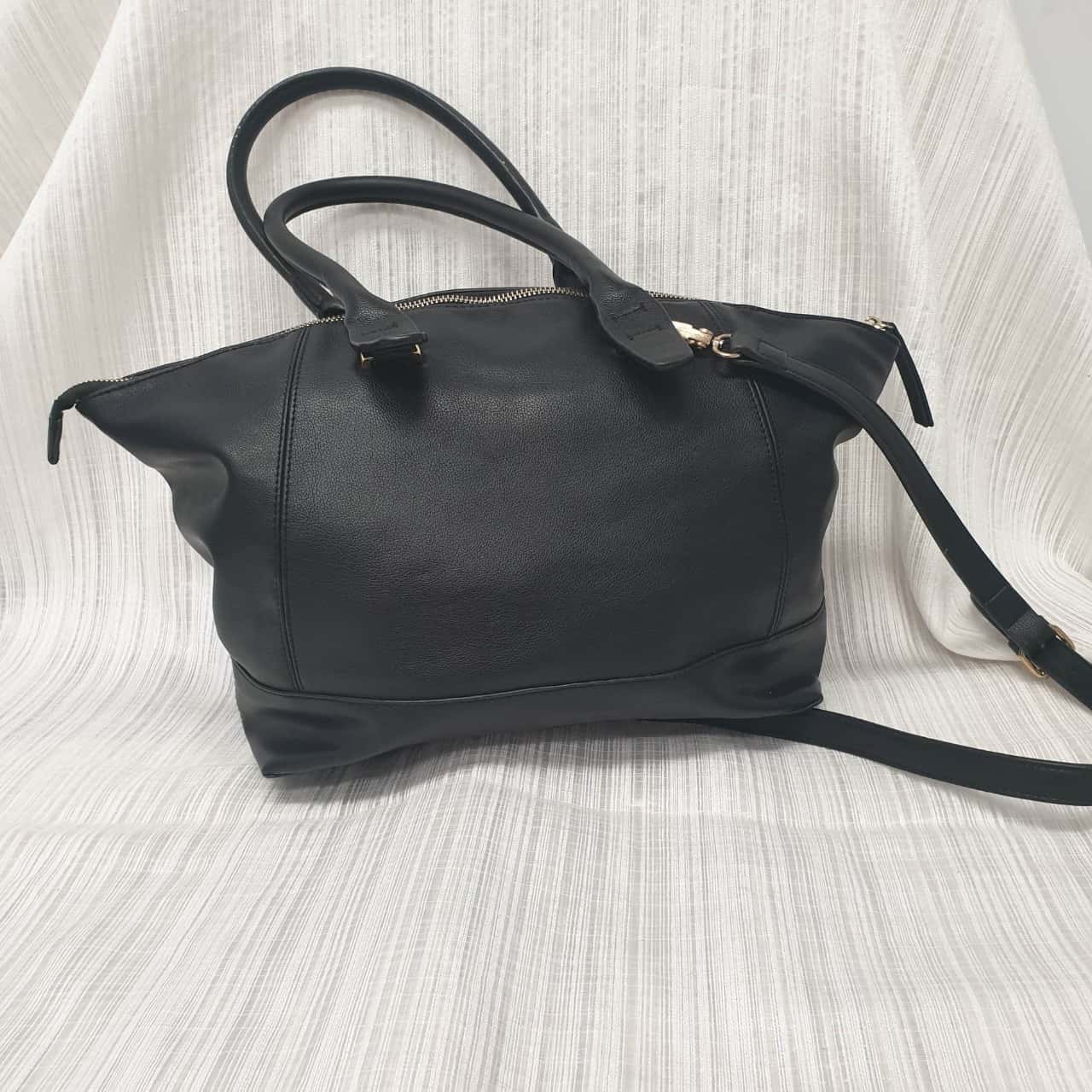 Tony Bianco Classy & Timeless Black Leather Handbag with Gold Tone Hear ...