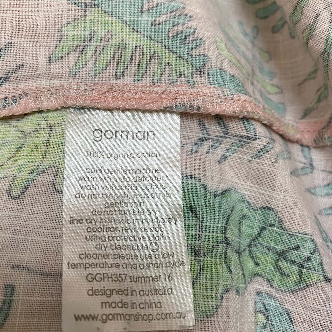 Gorman Size 12 Organic Cotton Dress Pink With Green Leaf Design