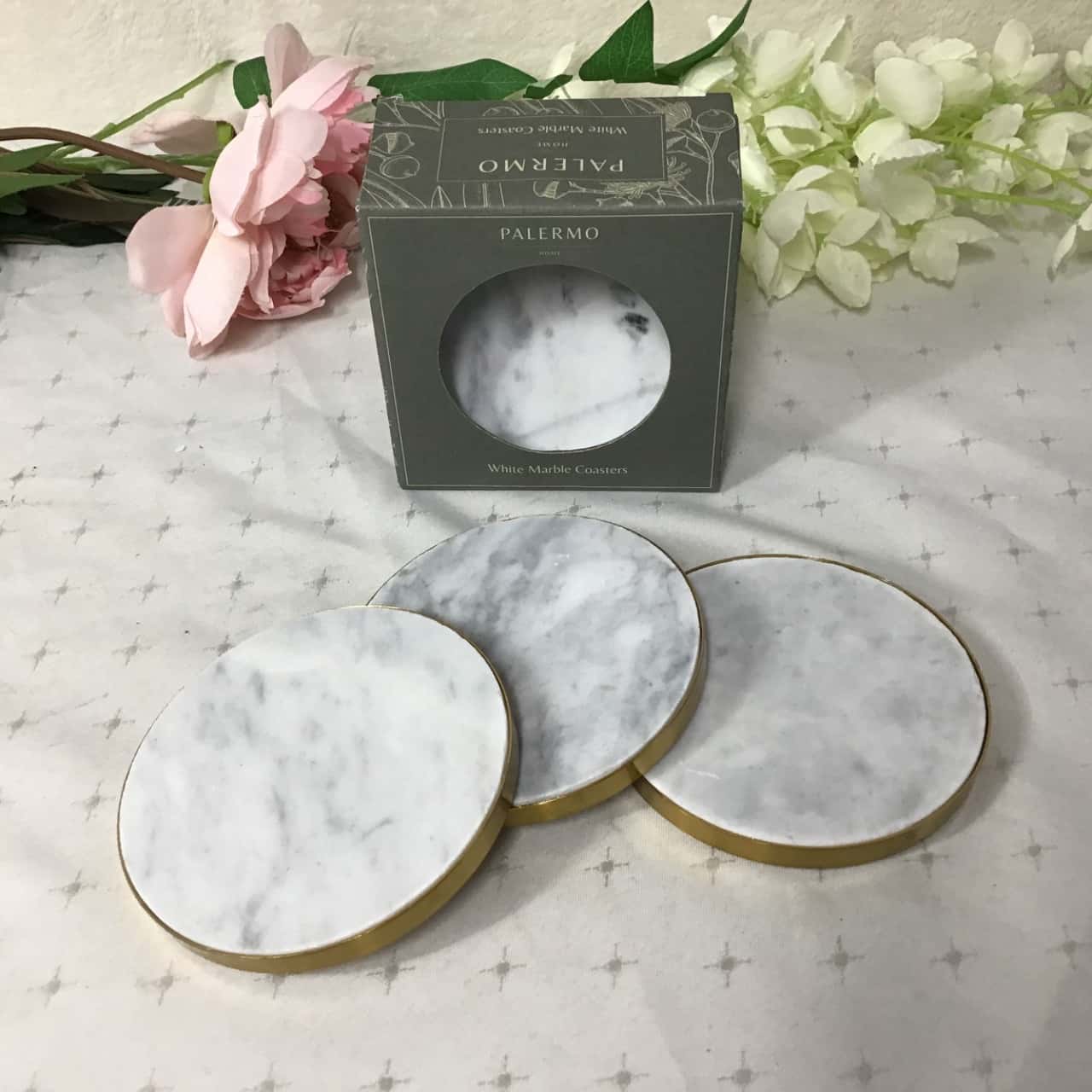 Palermo Home White Marble Round Coasters in Box(s)