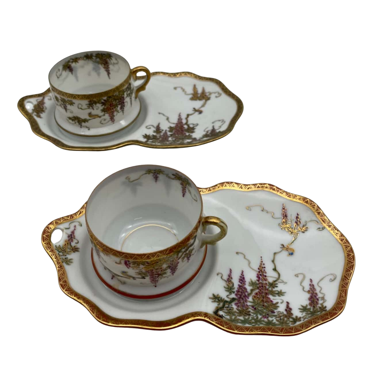 2x Vintage Japanese Kutani Eggshell Tea Cup & Snack Plate Sets(s)