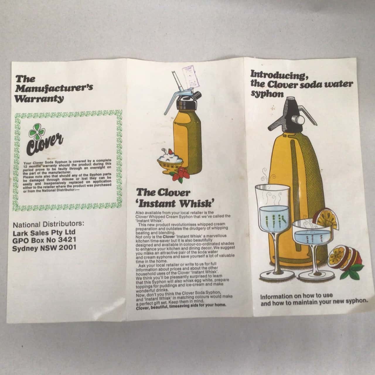 Vintage 1970s Clover Soda Water Syphon with Instructions