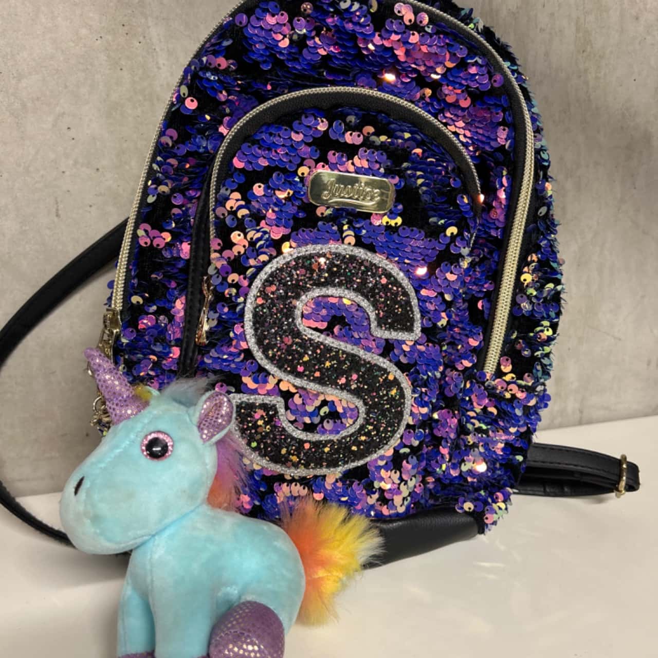 Justice Kids initial sequin backpack