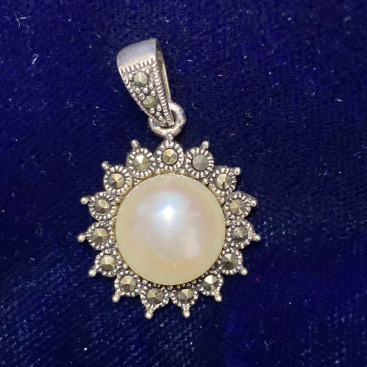 Stamped Silver Mabe Pearl & Marcasite Pendant