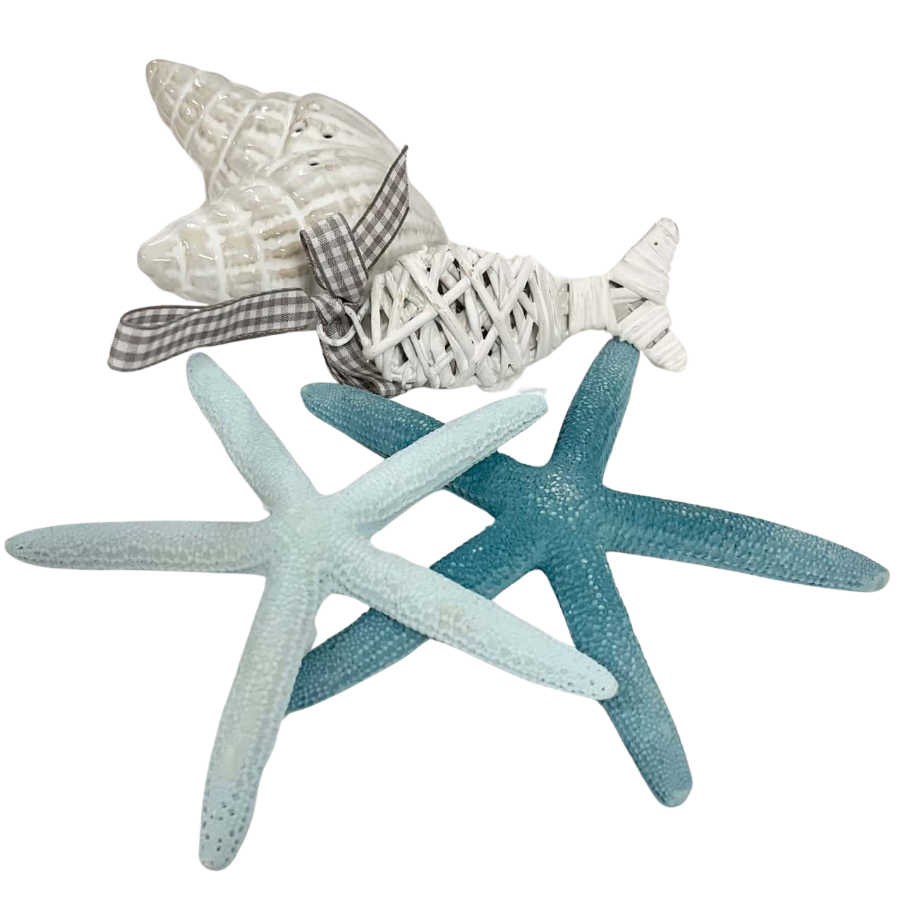 Shell salt & pepper shakers, 2 blue Star fish & a little cane fish(s)