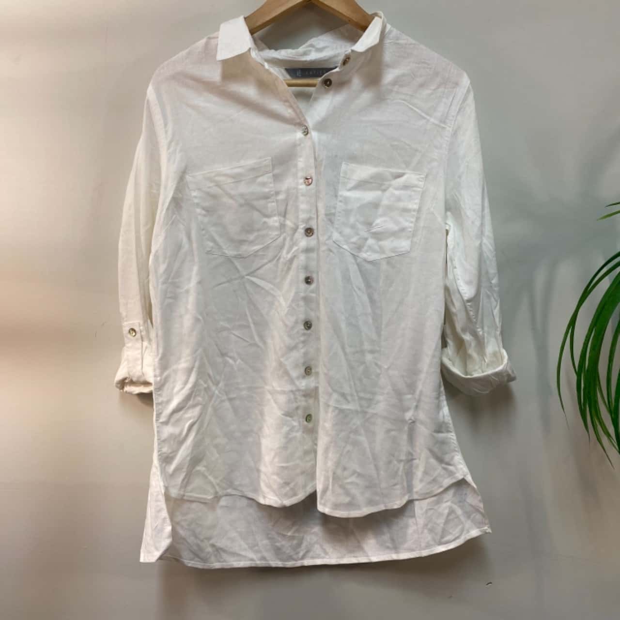 Katies Womens 3/4 Sleeve White Linen Button Up