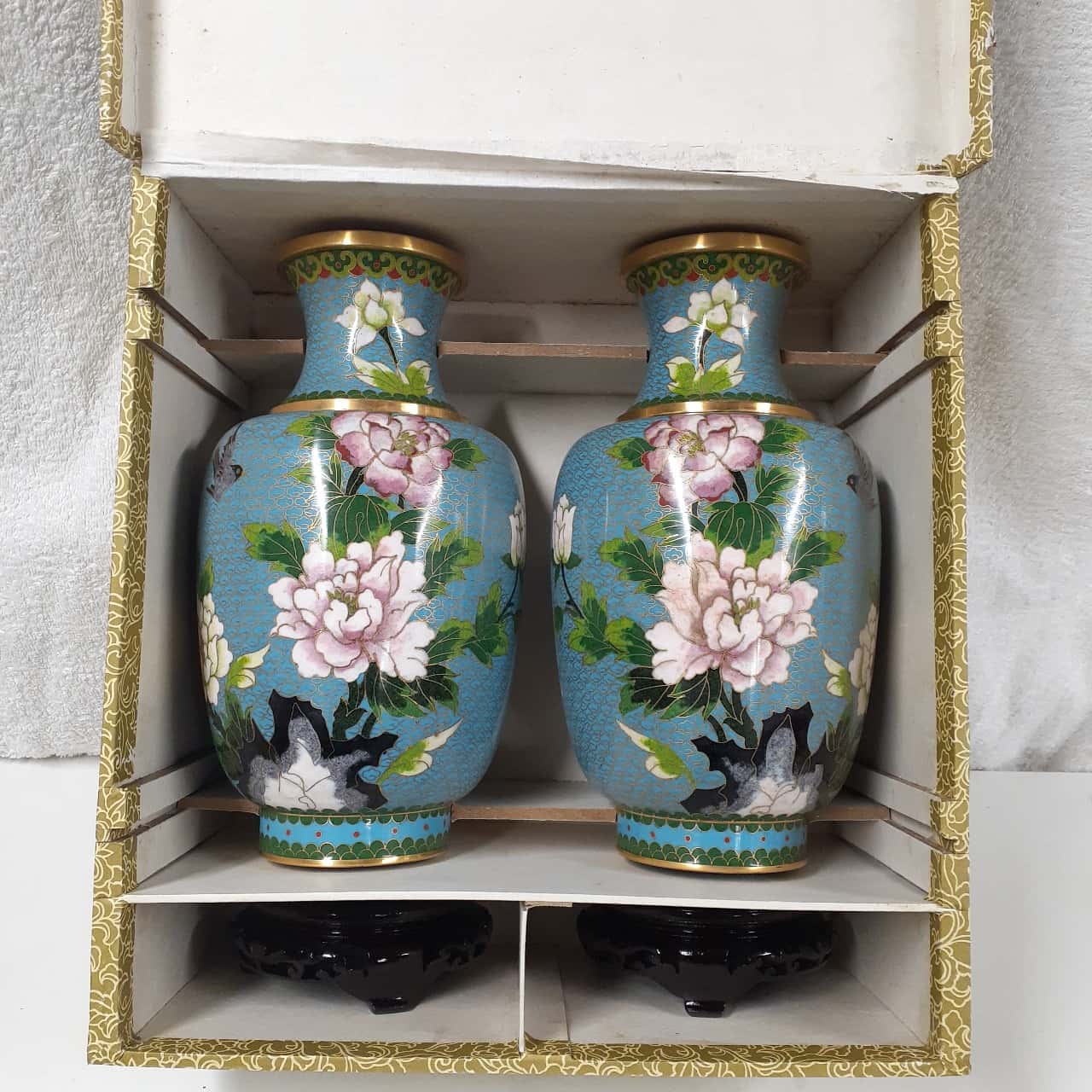 Chinese hand made cloisonne ware with wood base and box(s)