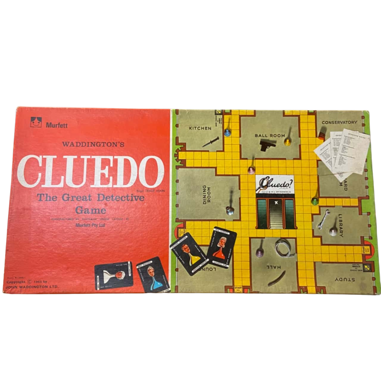 1965 edition Waddingtons Cluedo with reusable note cards, missing lead pipe