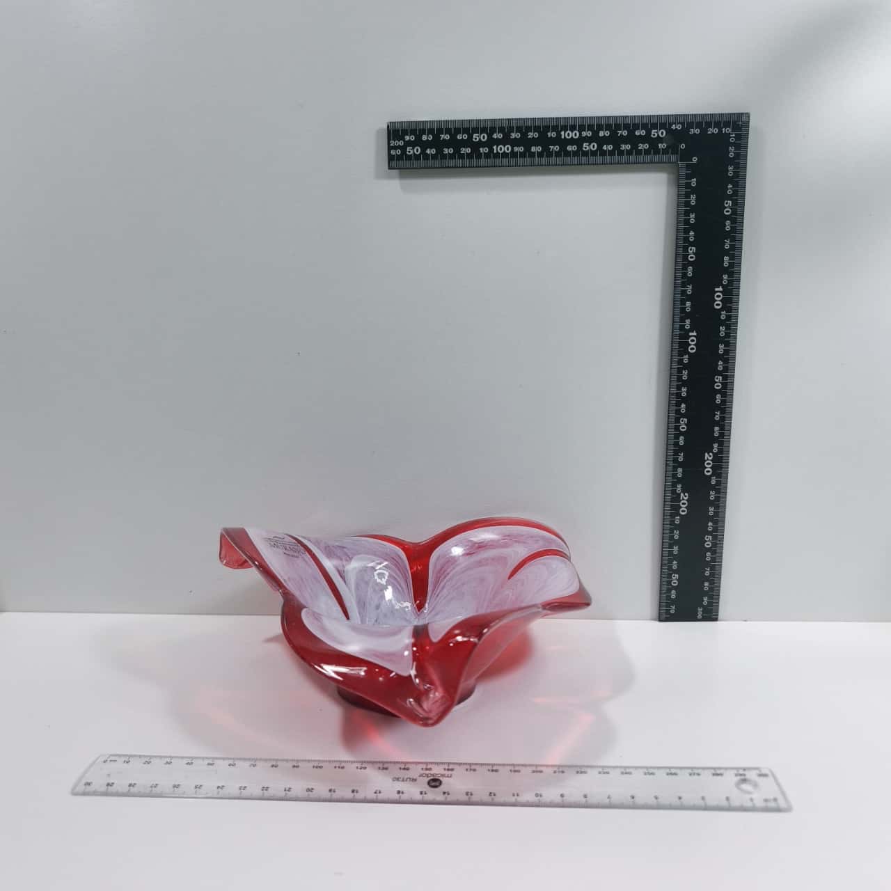 Large Murano Red White Bowl Italy Hand Made Glass Blown Art