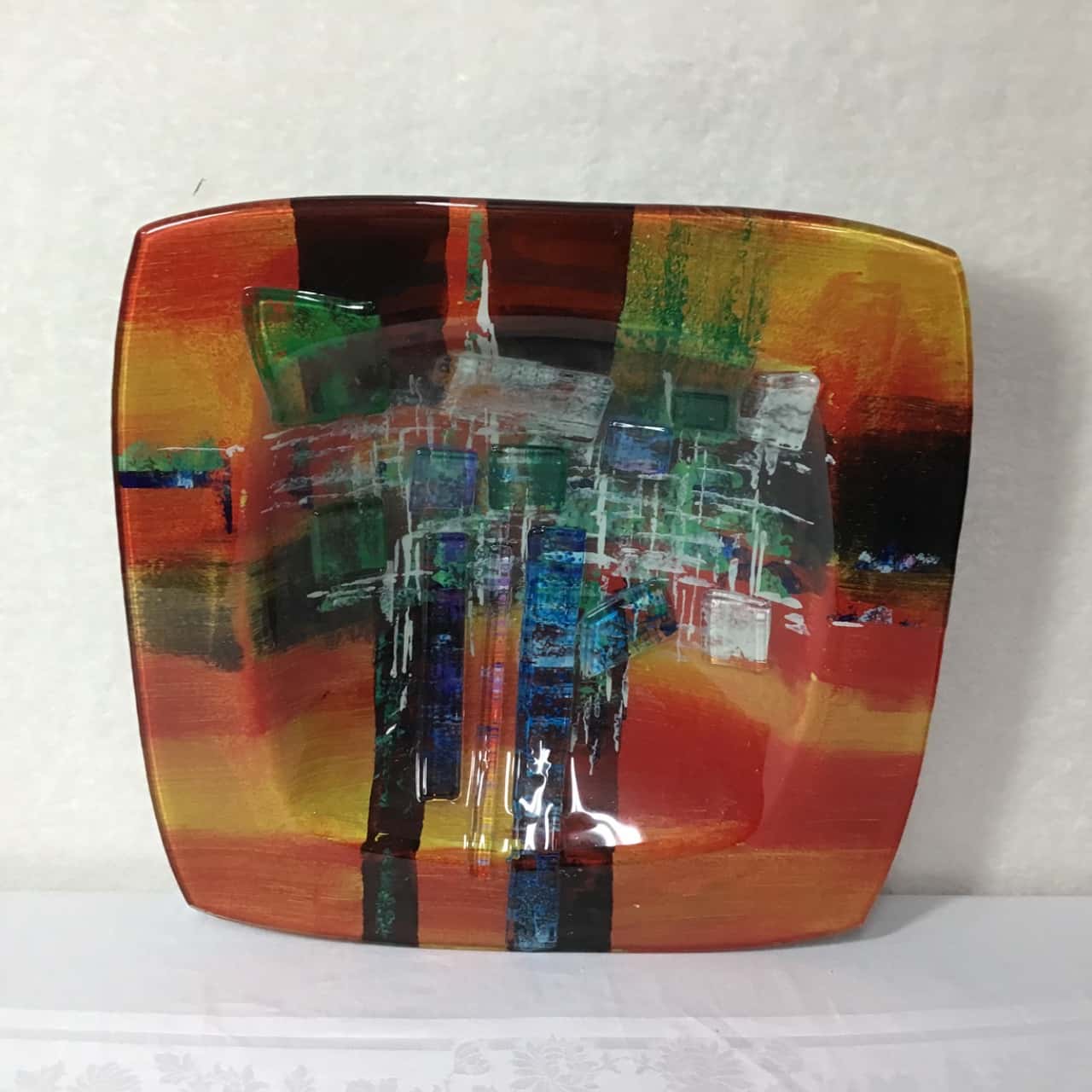 Large Multicoloured Pattern Square Glass Display Dish