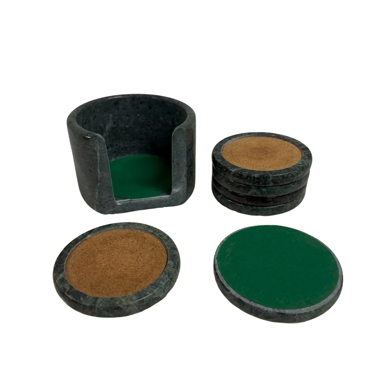 Vintage MCM Green Marble and Cork Coasters - Set of 6 w/ Marble Holder