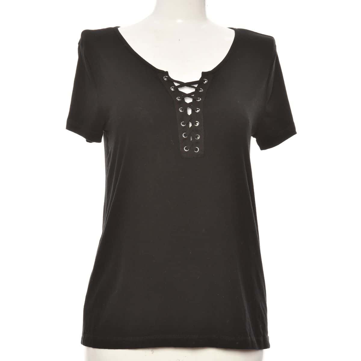 So Womens Size L Lace Front Short Sleeve Tee Black(s)