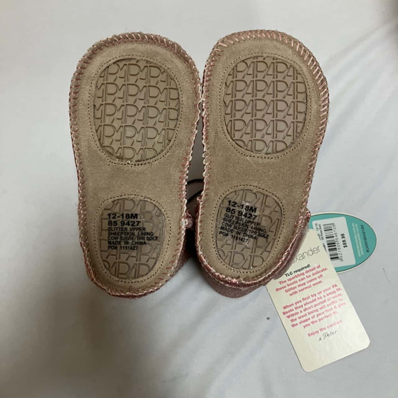 Peter Alexander Rose Gold Glitter Sheepskin/Cow Suede Boots Size 12-18M ...