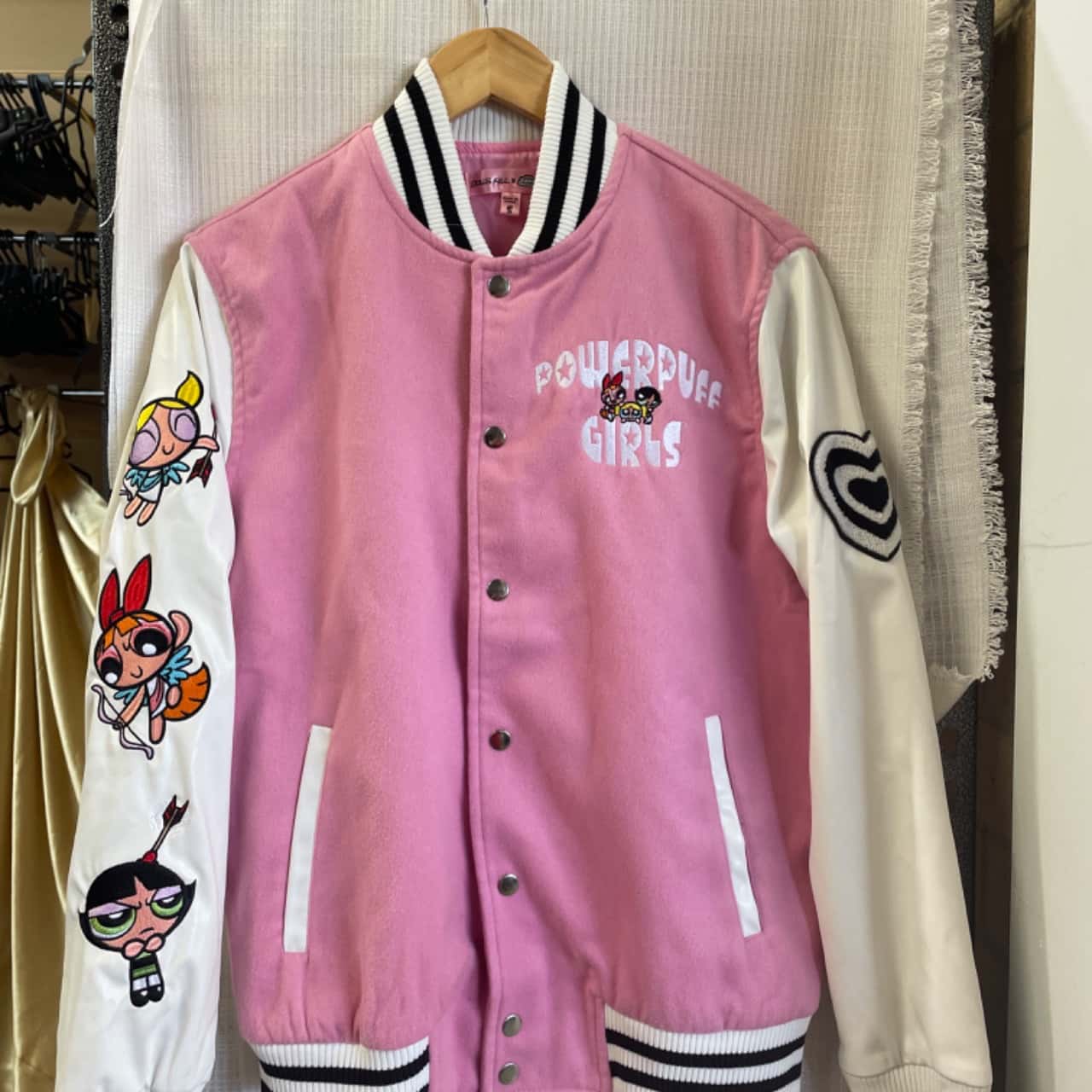 Dolls Kill Powerpuff Girls Womens Size S Bomber Jacket Black / Pink / White