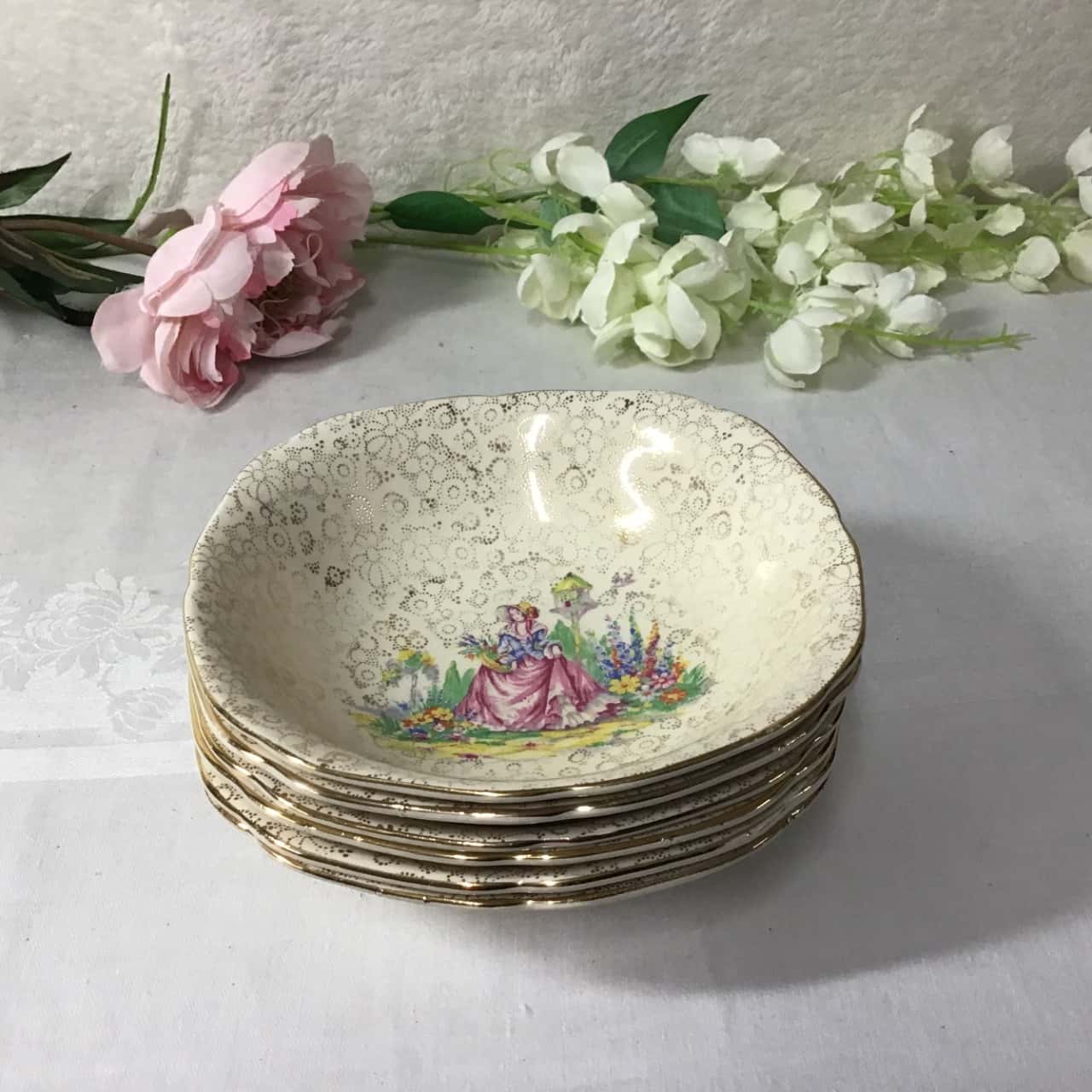 Vintage H & K Tunstall Pink Crinoline Lady / Gold Pattern China Dessert ...
