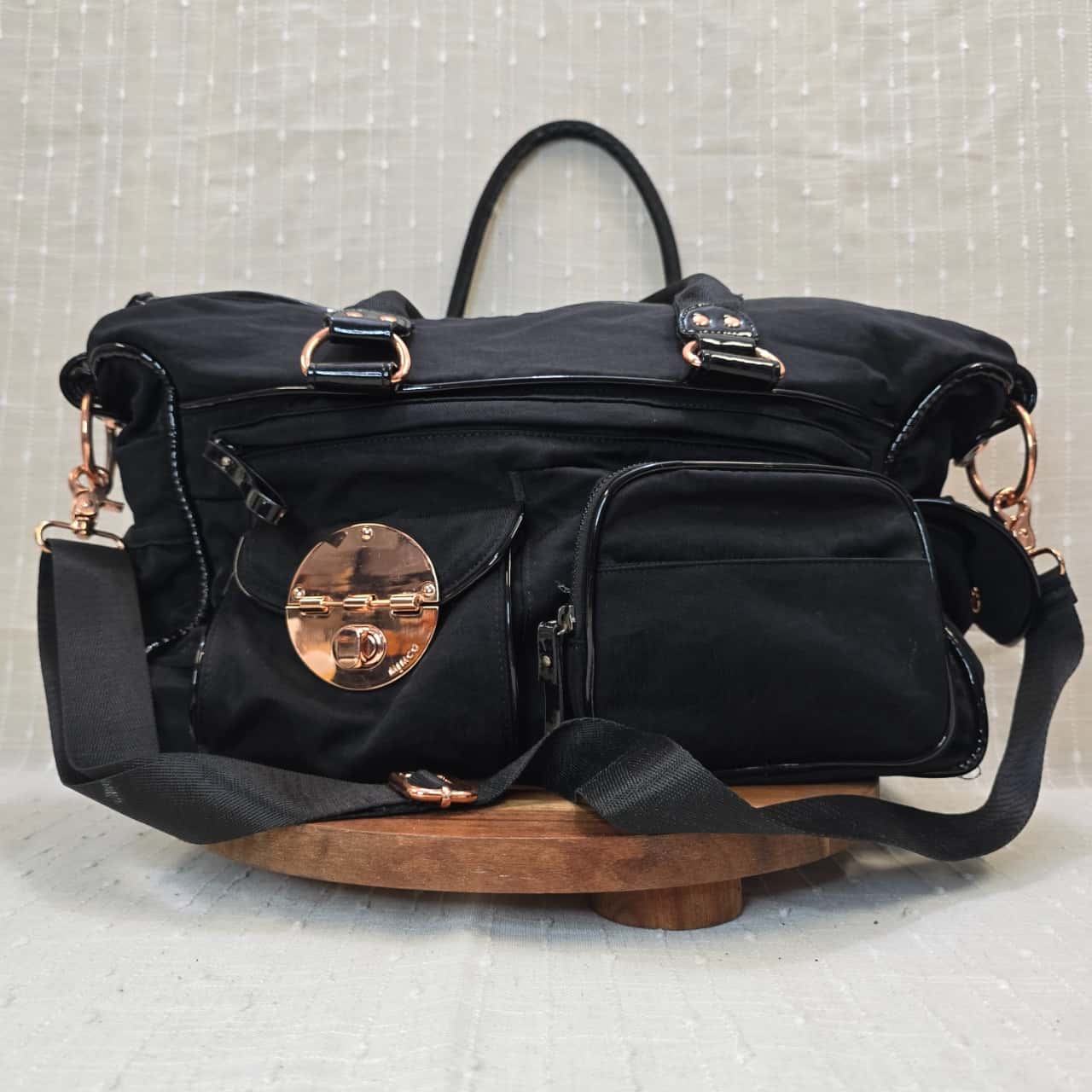 Mimco Black Baby Bag With Rose Gold Hardware