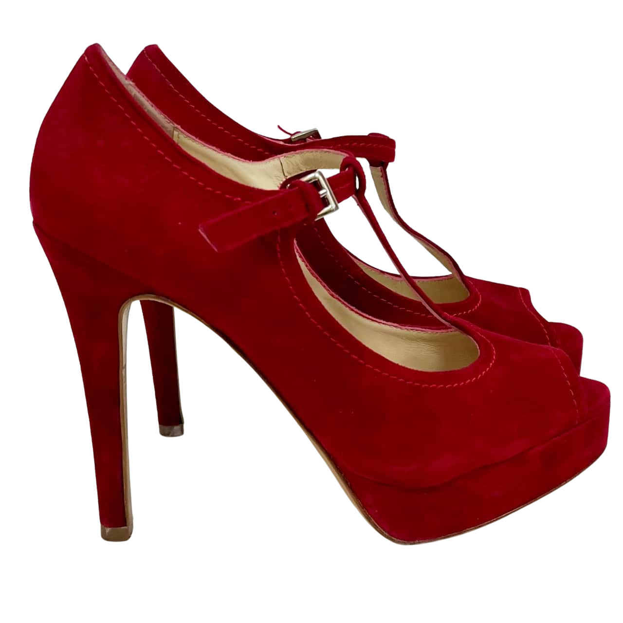 Urban Soul Leather Suede Upper, Lining & Sole Red Peep Toe Stilettos