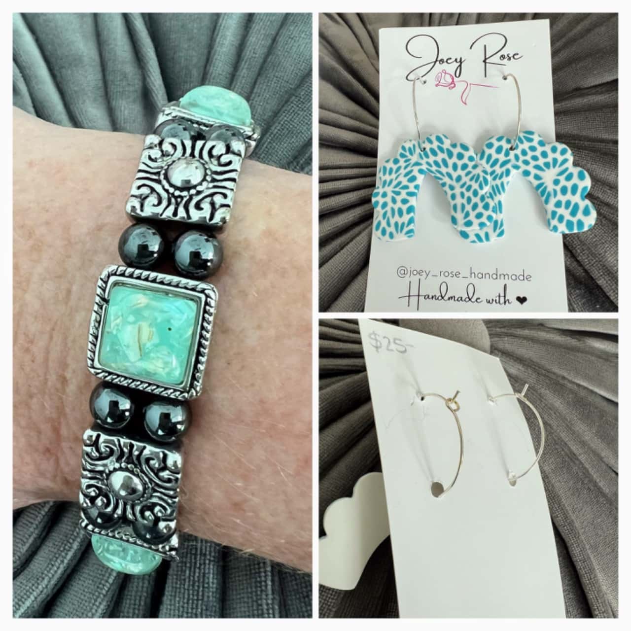 SET - Silver and Turquoise Stretch Bracelet and Hoop Earrings