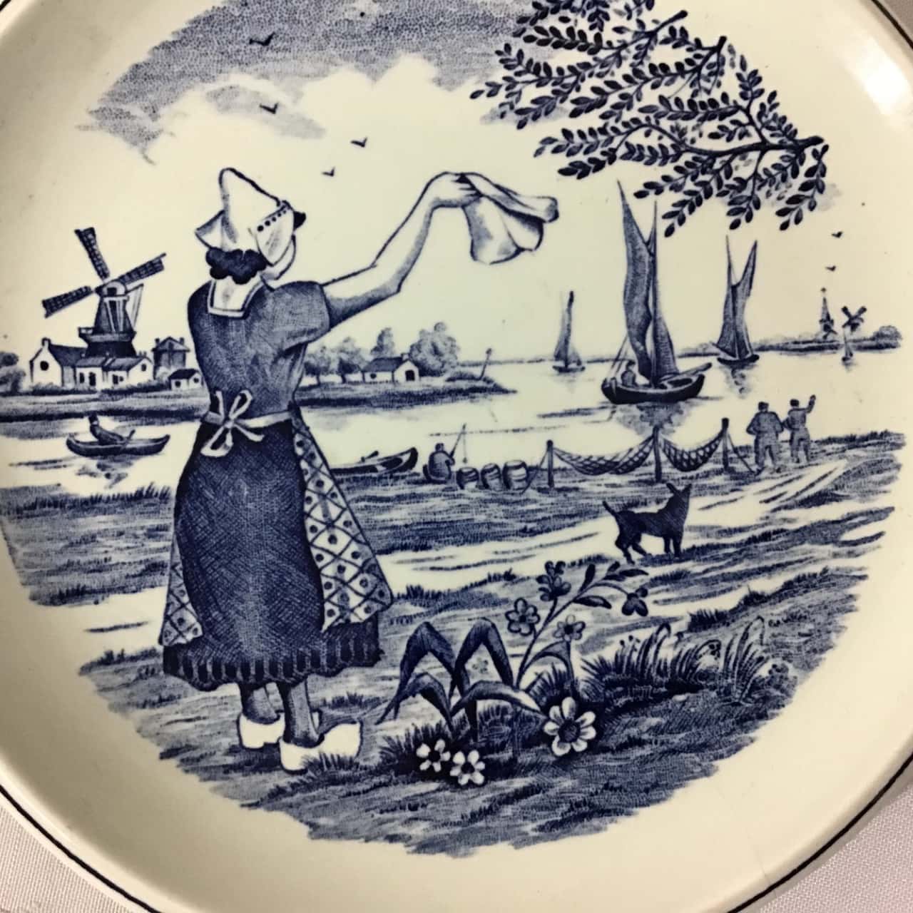 Vintage Delft Boch Belgium Blue & White Dutch Scene Ceramic Plate