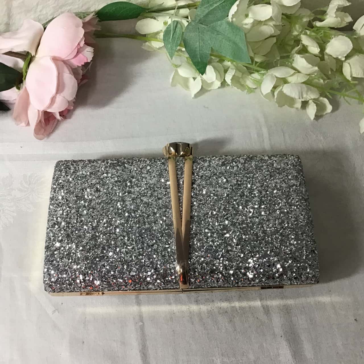 Womens Silver Glitter / Gold Trim / Diamanté Clasp Evening Clutch Bag(s)