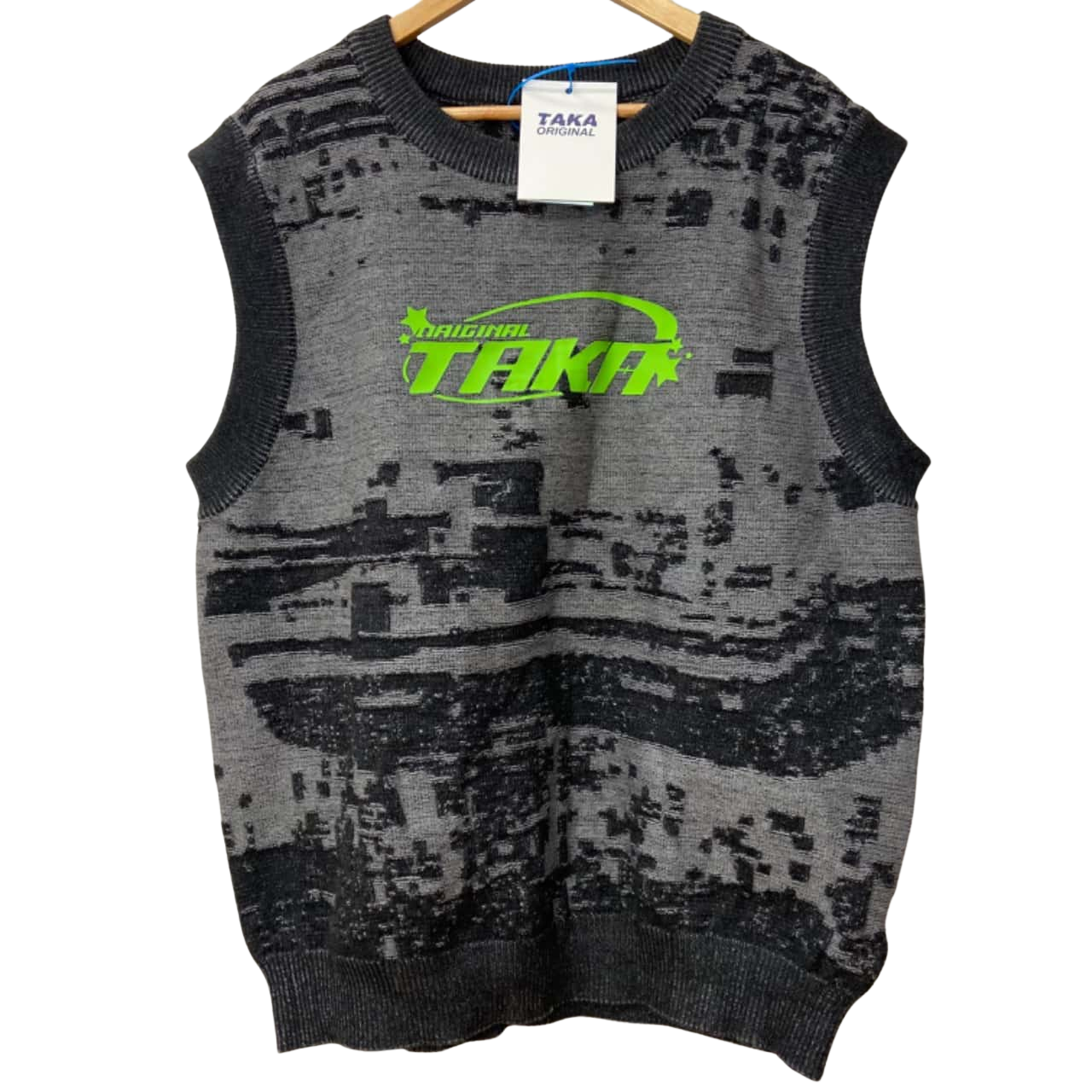TAKA ORIGINAL Mens Size XL Logo-print Knit Vest Black / Green / Grey