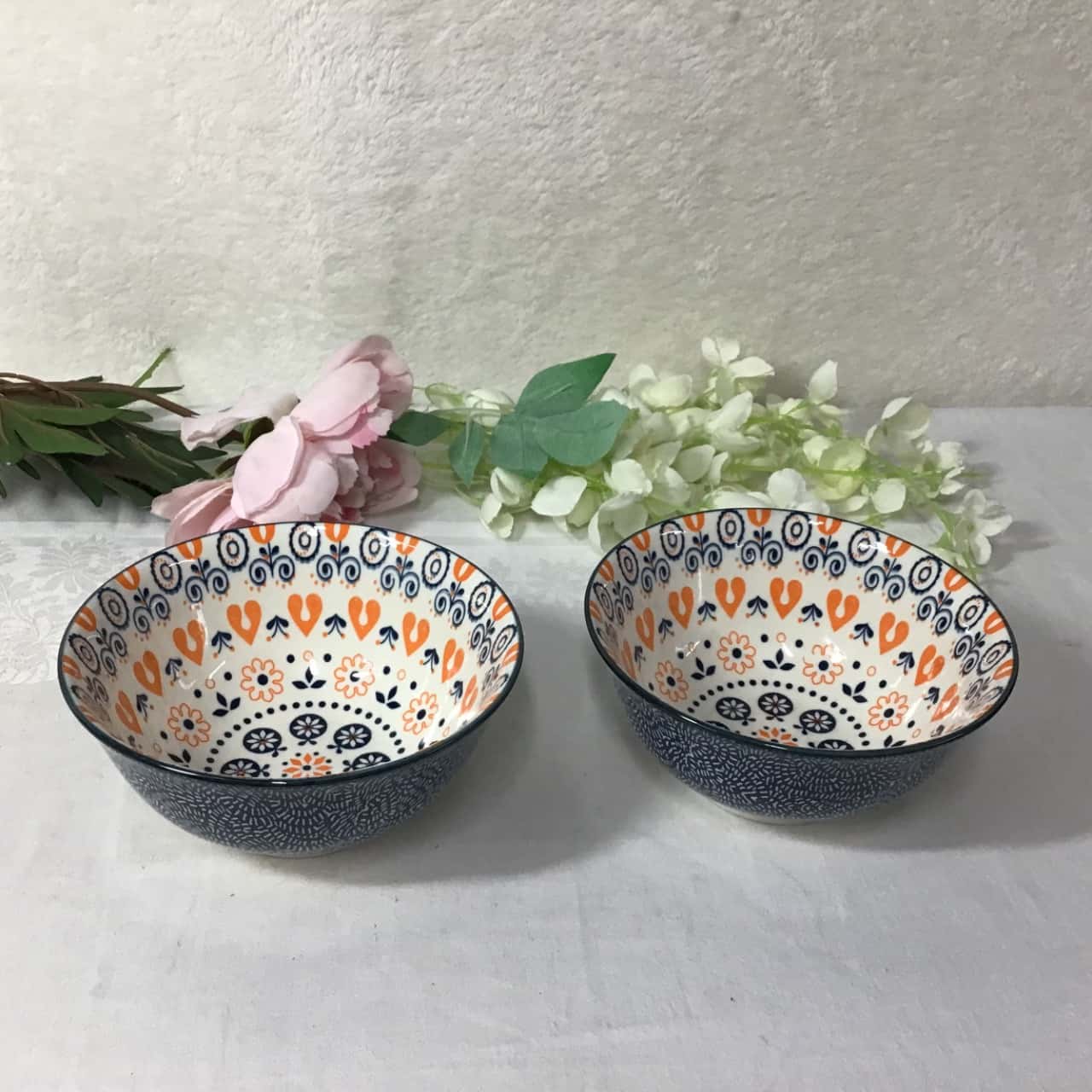 Cream / Navy Blue / Orange Pattern Ceramic Deep Soup Bowls (x 2)(s)