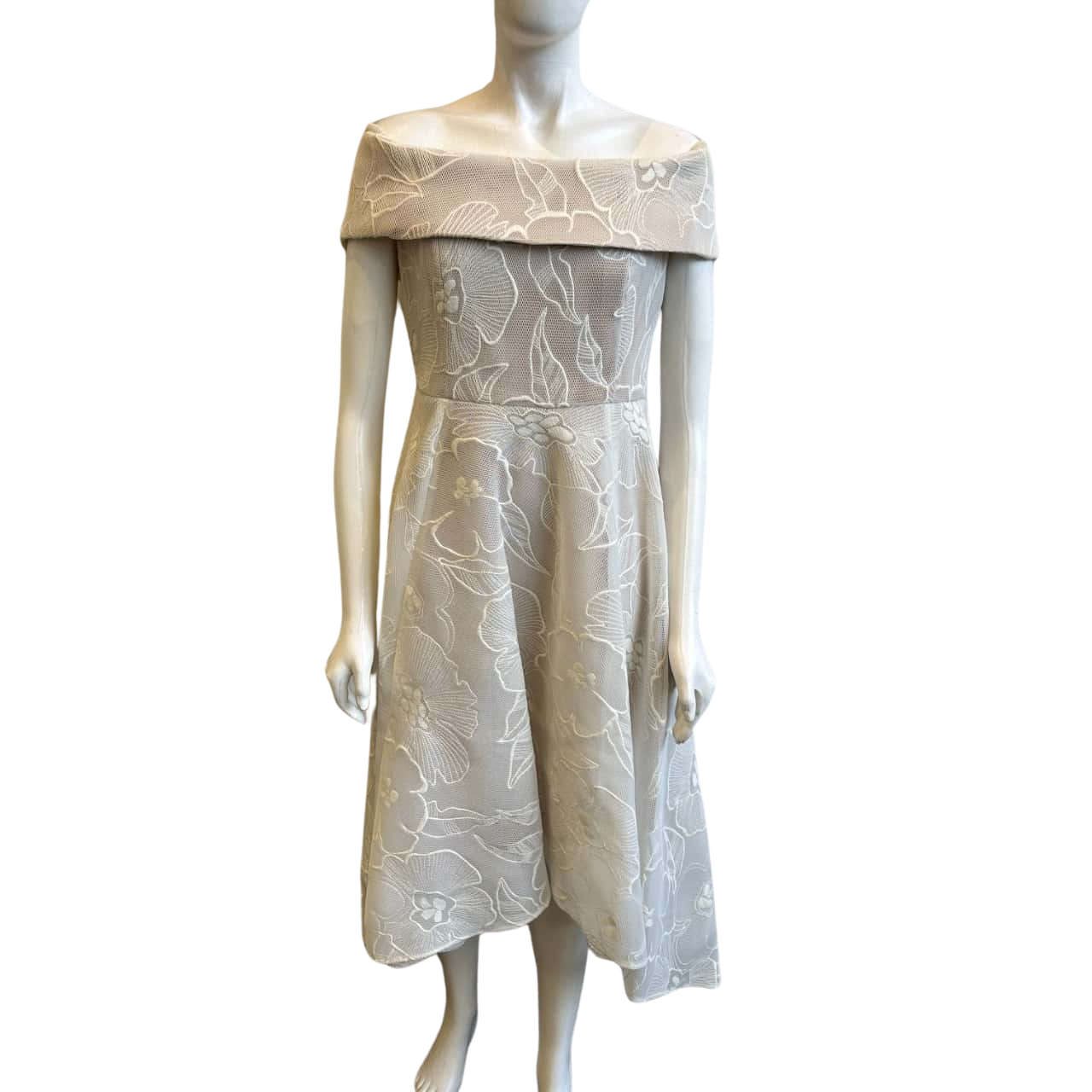 BNWT Montique Women's Size 14 Off the Shoulder Midi Formal Dress Beige ...