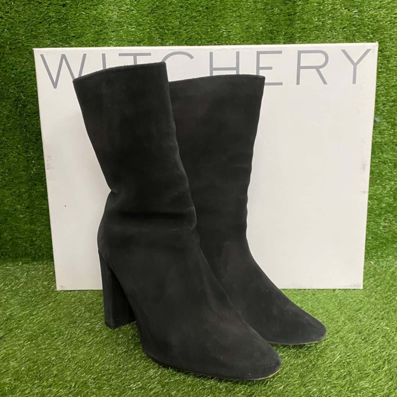 Witchery Camille Black Suede Leather Heeled Ankle Boots Size 37(s)