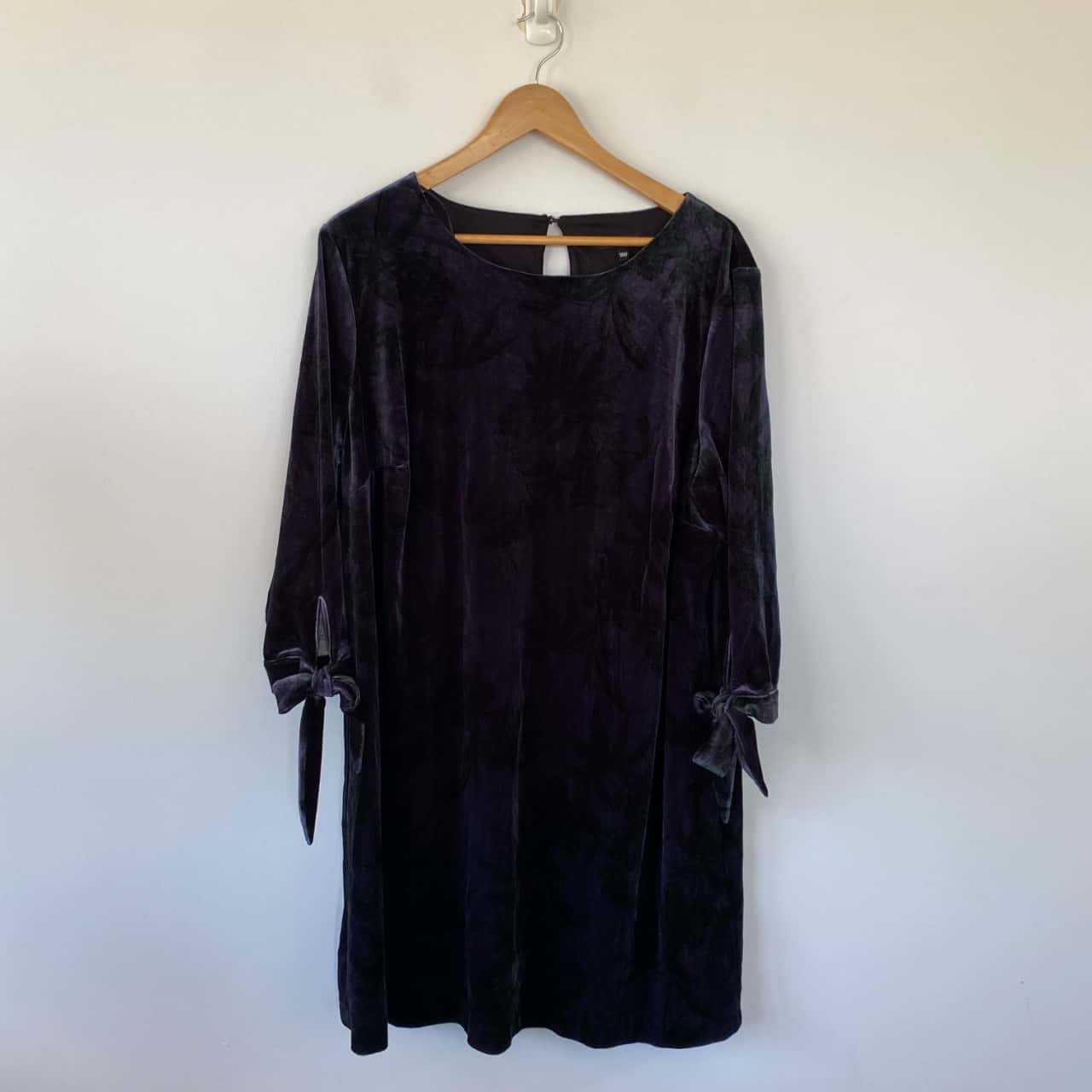 Basque Dark Purple Green Floral Velvet Long Sleeve Midi Dress Size 18